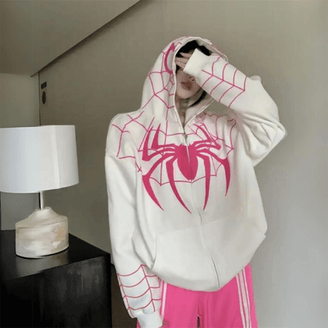 Y2k Streetwear Spider Web Oversize Fermuarlı Kırmızı Unisex Kapüşonlu ...